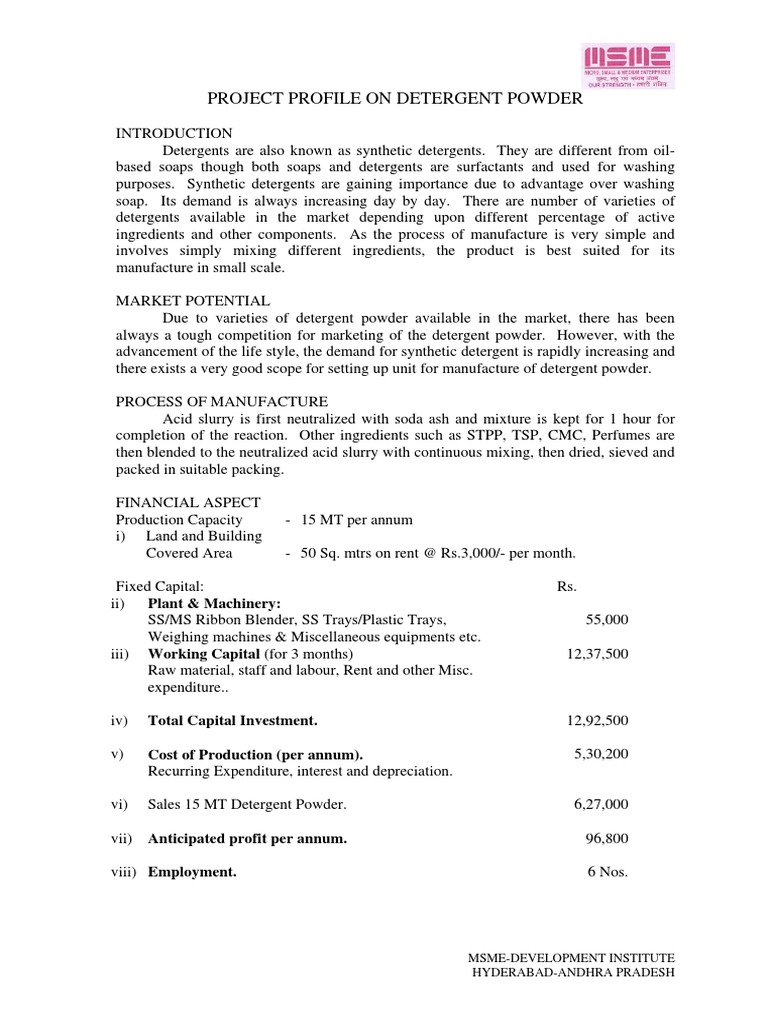 Project Profile On Detergent Powder: Plant & Machinery | PDF ...
