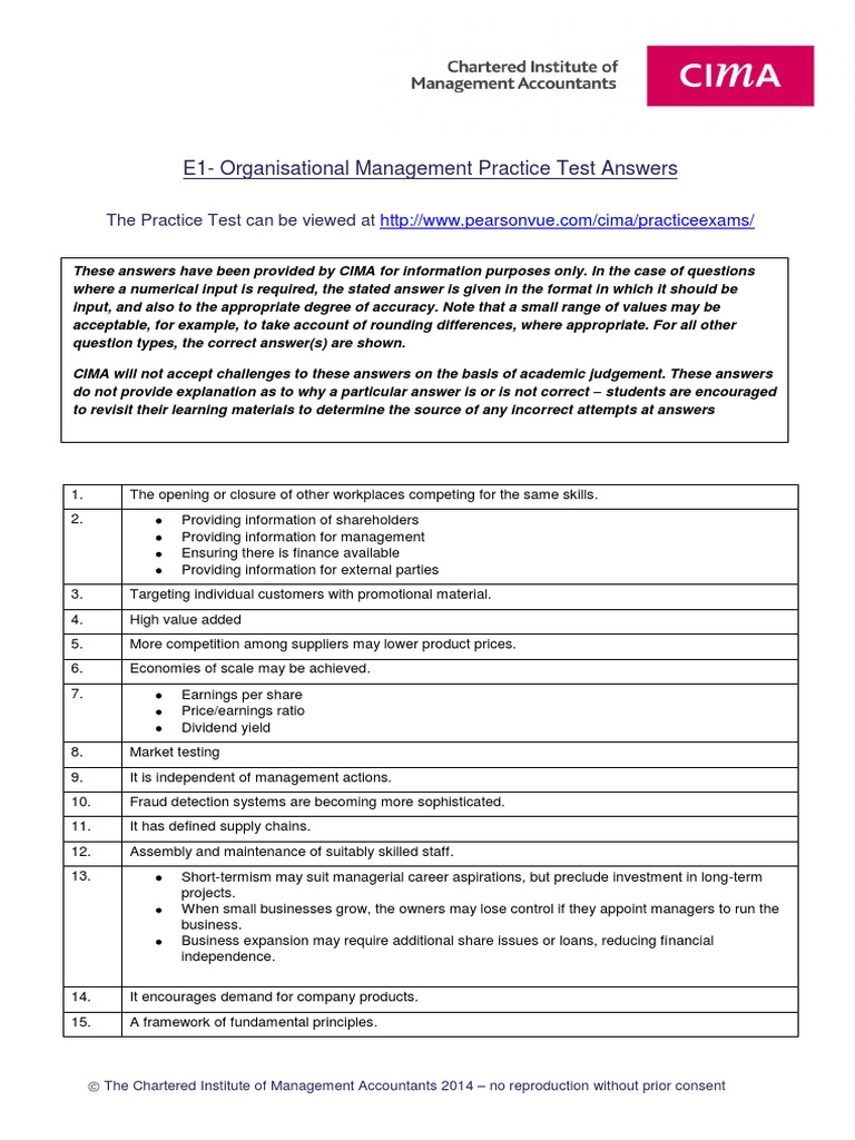 E1-Organisational Management Practice Test Answers | PDF | Competition ...