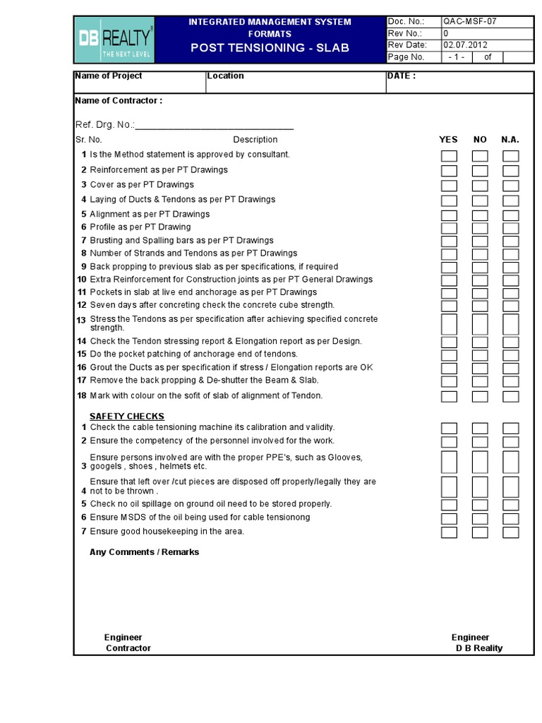 CHECKLIST - Post Tensioning of Slab | PDF