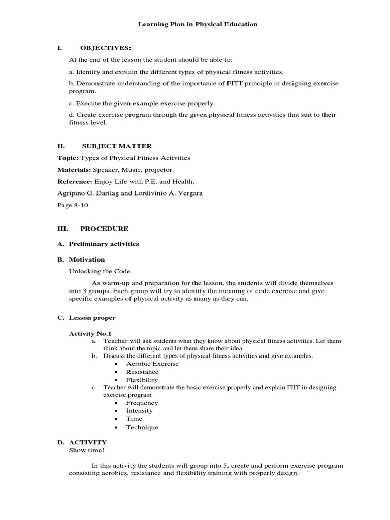 Lesson Plan Physical Fitness Activities | PDF | Physical Fitness ...