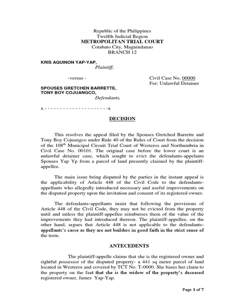 Metropolitan Trial Court: Plaintiff | PDF | Judgment (Law) | Supreme Courts