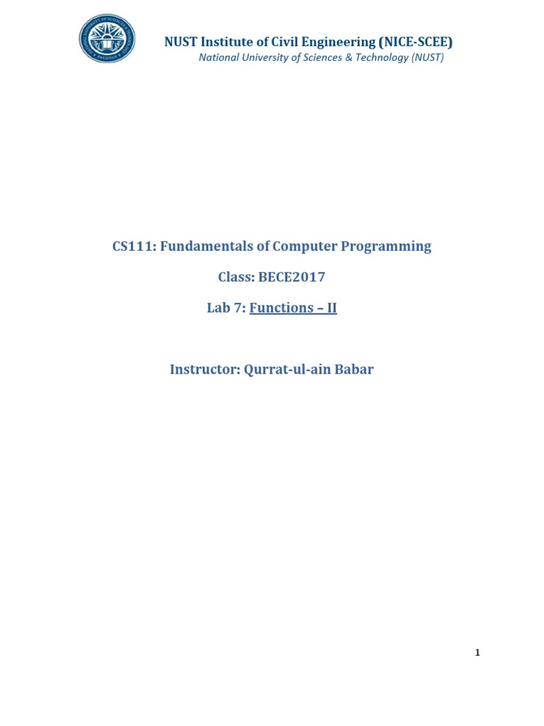 Nust Lab 7 Functions Ii Pdf Parameter Computer Programming Subroutine