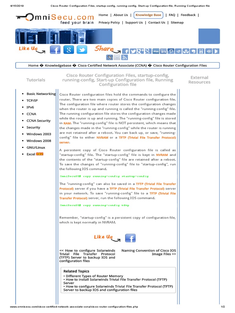 Cisco Router Configuration Files Startup Config Running Config Start Up Configuration File