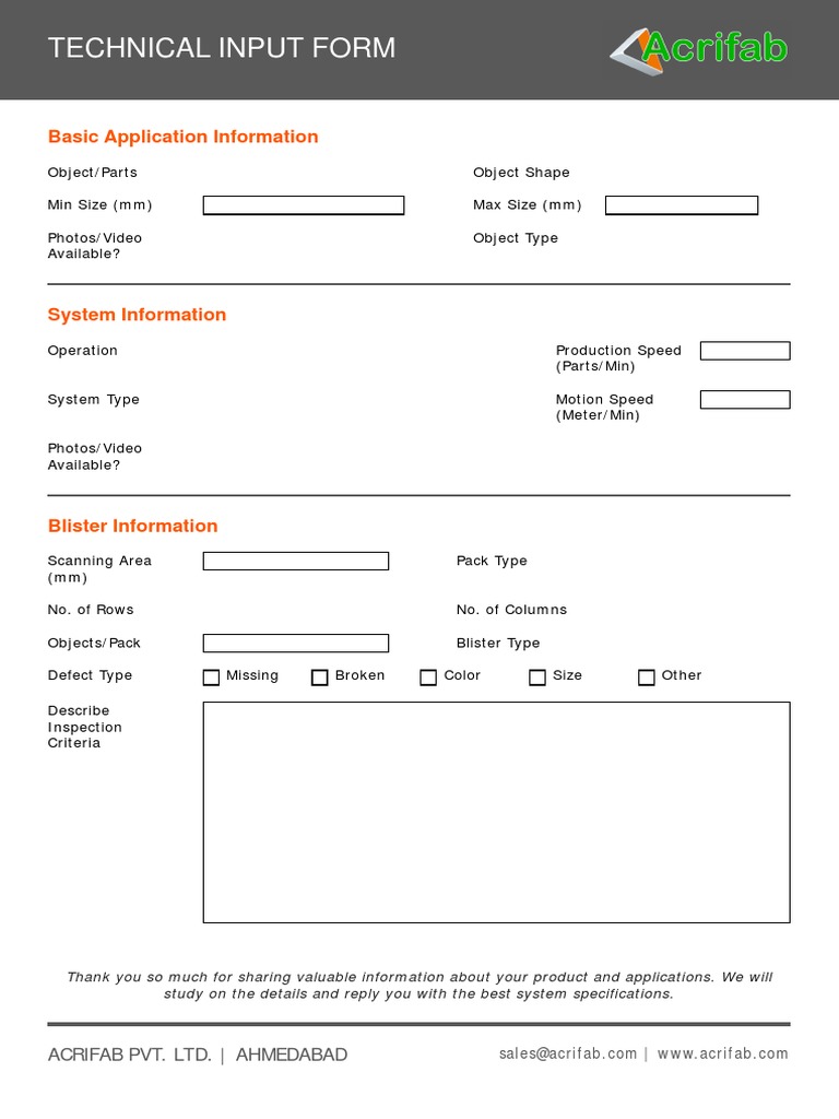 Technical Input Form (Blister Inspection) | PDF
