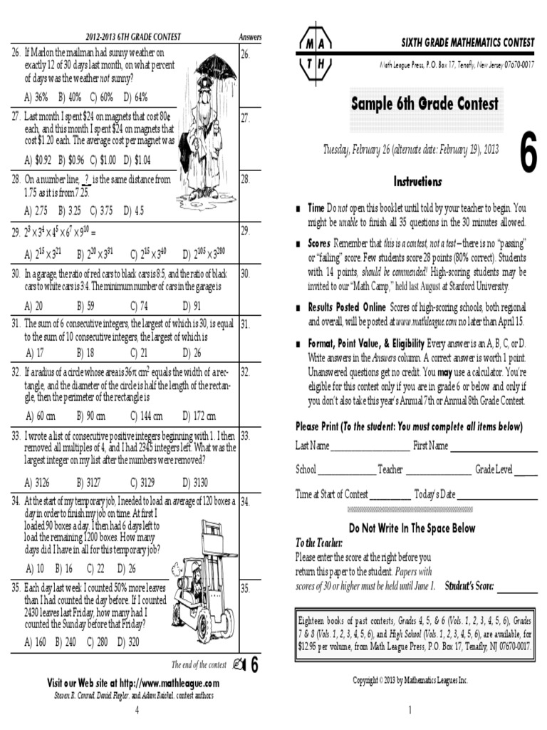 Answers 2012-2013 6TH GRADE CONTEST | PDF | Area | Elementary Mathematics
