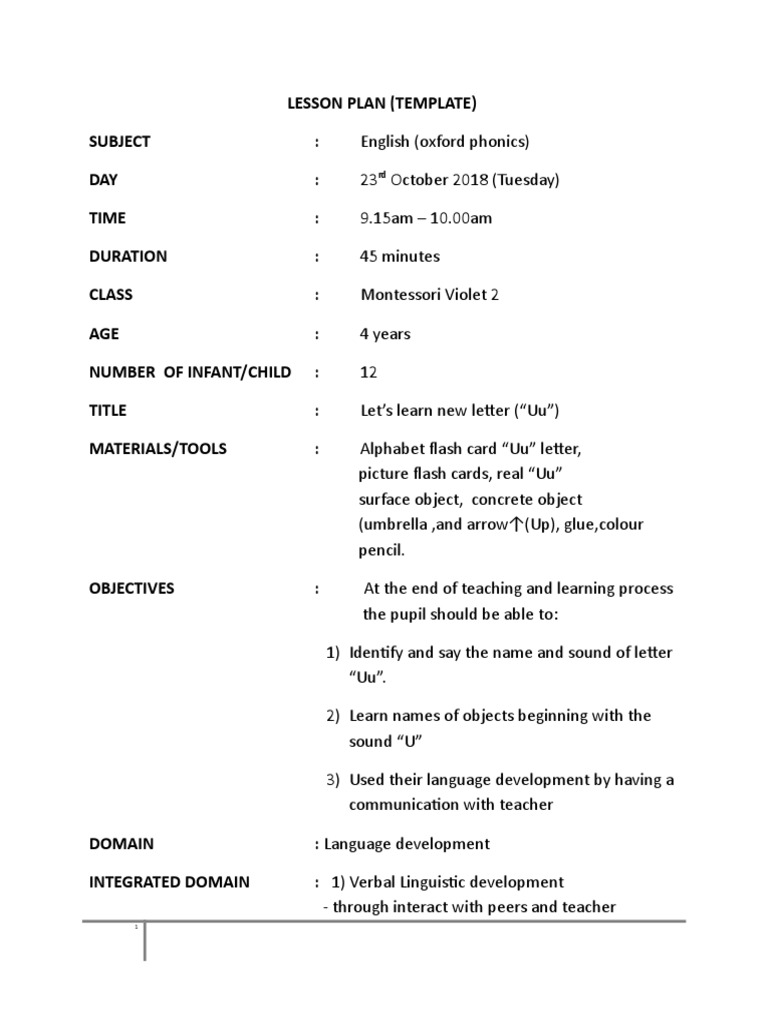 Lesson Plan (Template) Subject: DAY: Time: Duration: Class: AGE: Number ...