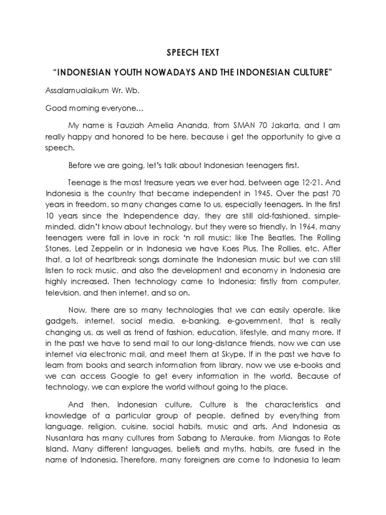Speech Text "Indonesian Youth Nowadays and The Indonesian Culture ...