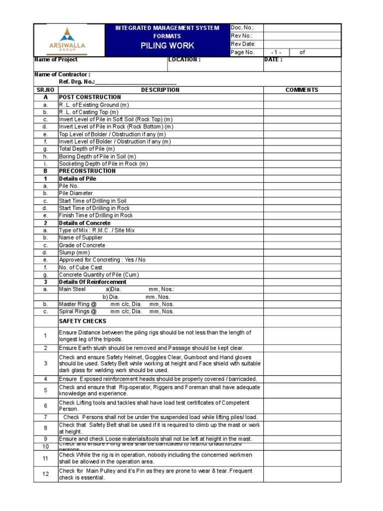 checklist Piling Work .pile construction | Deep Foundation | Infrastructure