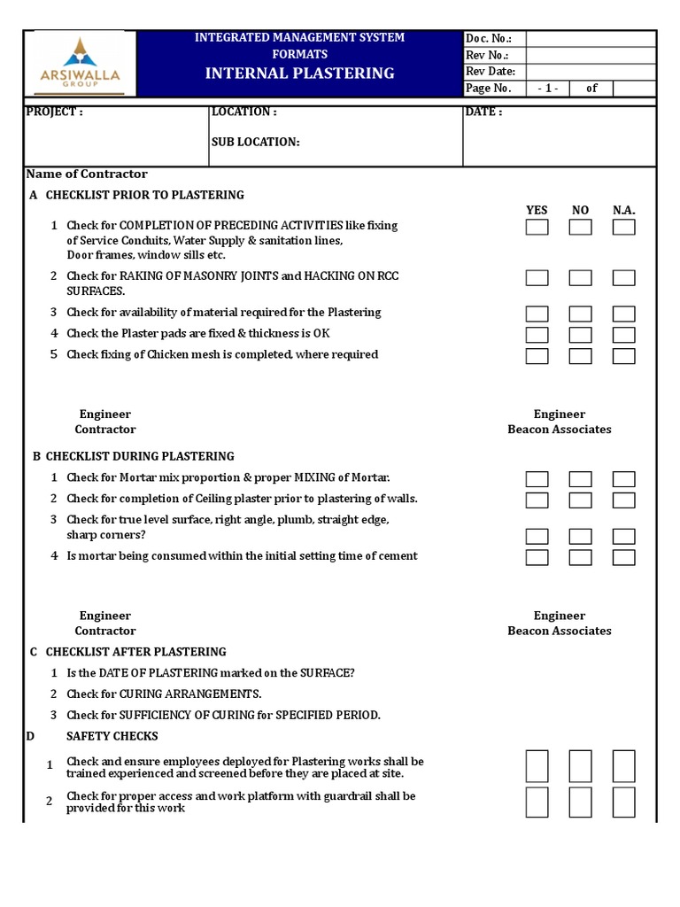 Qa/qc Checklist Internal Plastering | PDF | Structural Engineering | Engineering