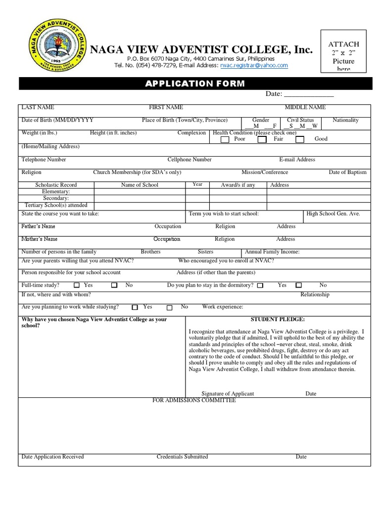 NAGA VIEW ADVENTIST COLLEGE Application Form.pdf | Seventh Day ...