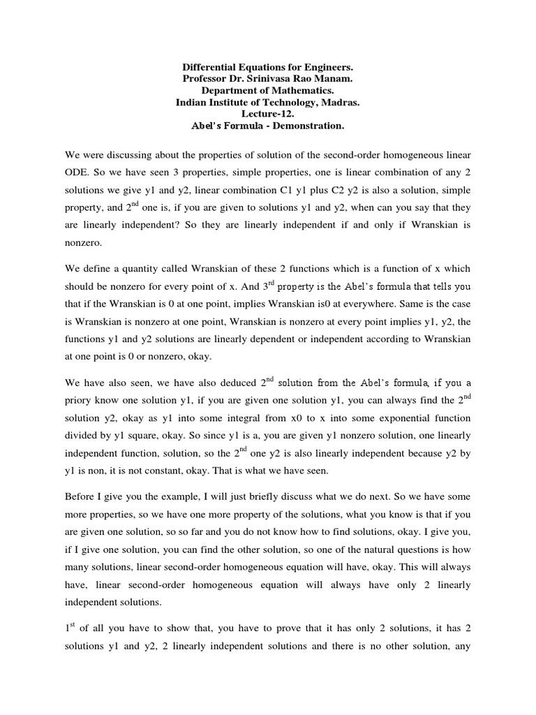 Differential Equations Abel’s Formula Demonstration | PDF | Ordinary ...