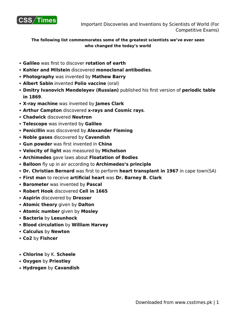 Important Discoveries and Inventions by Scientists of World (For ...