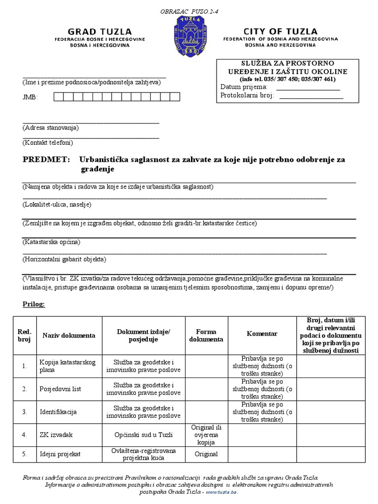 Urbanistička Saglasnost Za Zahvate Za Koje Nije Potrebno Odobrenje Za Gradjenje PDF | PDF