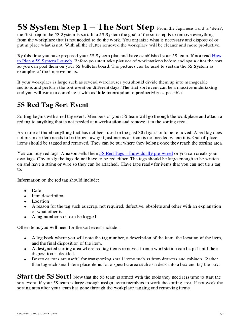 5S System Step 1 - The Sort Step | PDF | Business