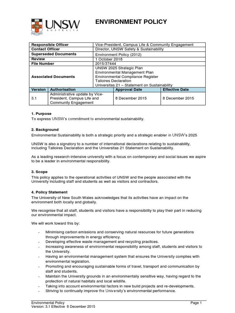 UNSW Environment Policy | PDF | Environmental Policy | Environmental ...