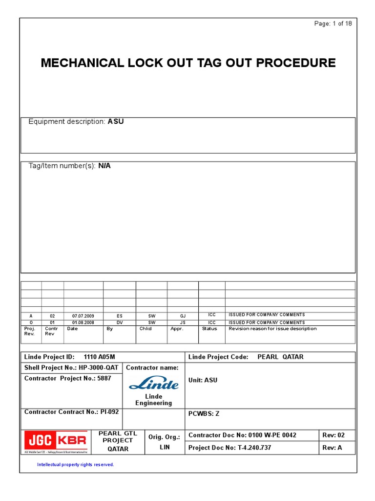 Mechanical Lock Out Tag Out Procedure: Equipment Description: ASU | PDF ...