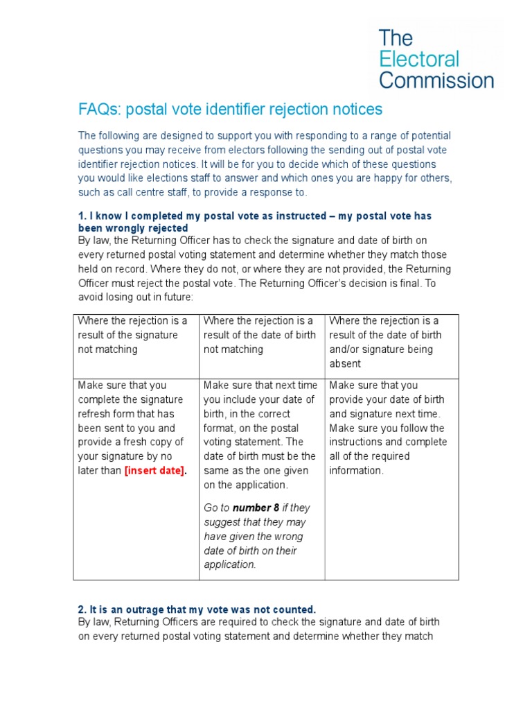 FAQs For Postal Vote Rejection Notices | PDF | Postal Voting ...