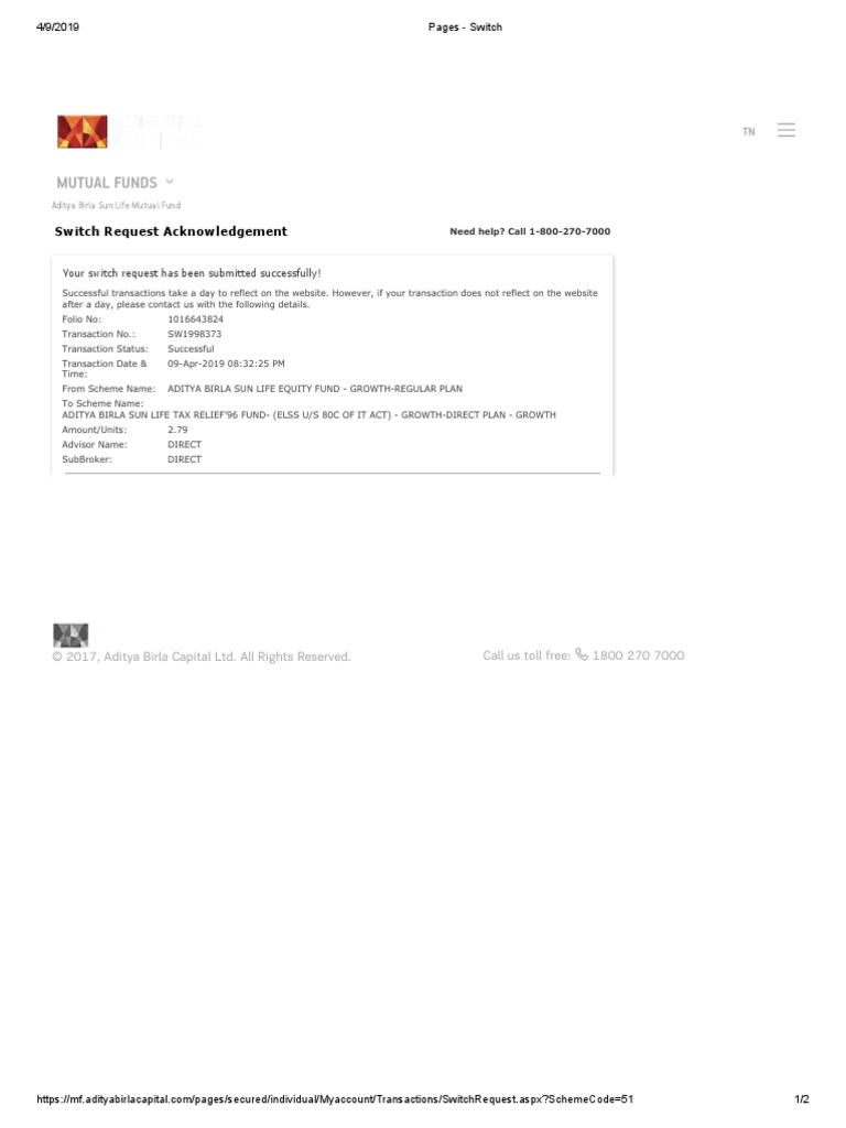 Mutual Funds: Switch Request Acknowledgement | PDF