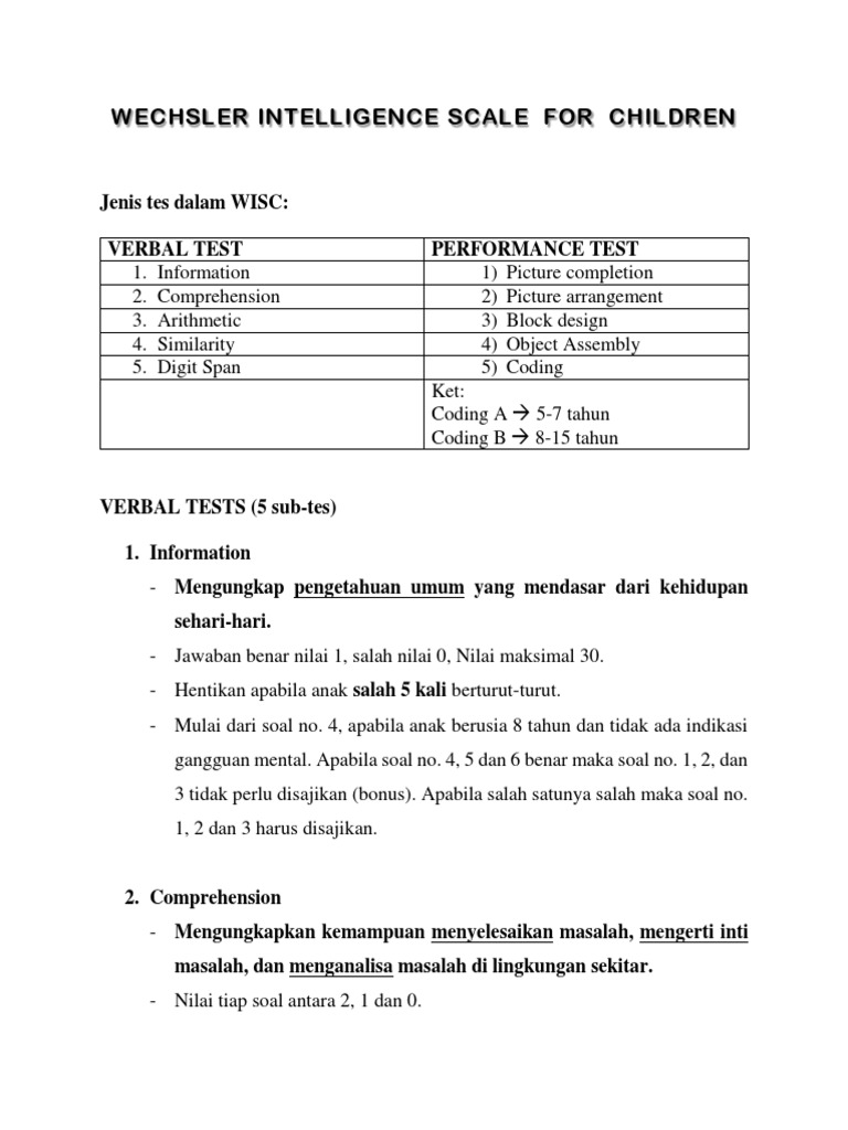 Wechsler Intelligence Scale For Children | PDF