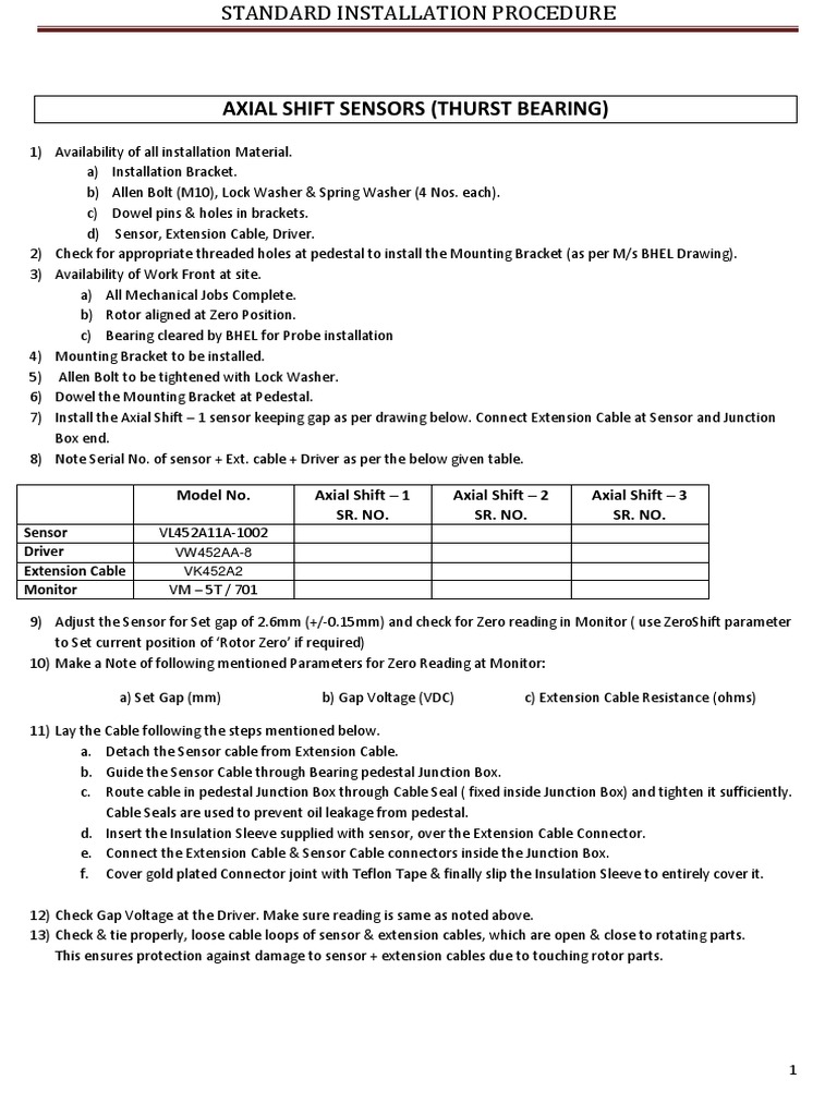 Axial Shift Sensors (Thurst Bearing) : Model No. Axial Shift - 1 Sr. No ...