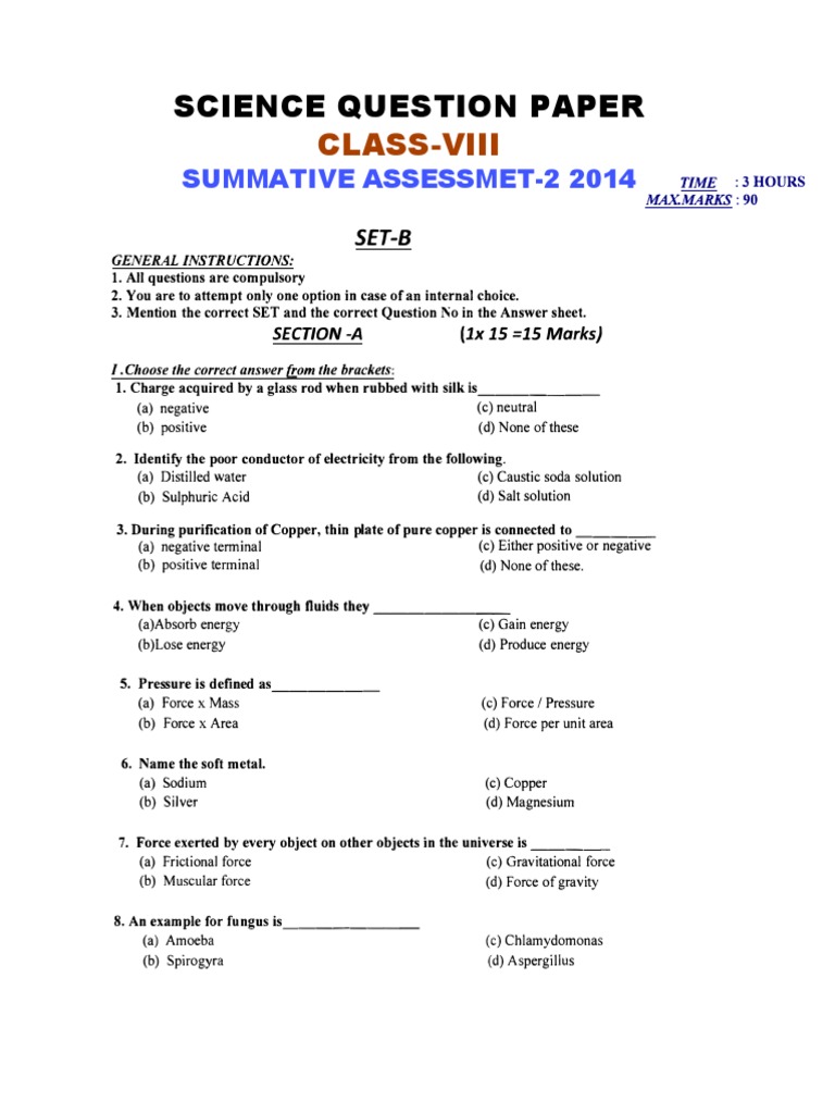 Class 8 Science Question Paper Set 8 | PDF | Combustion | Force