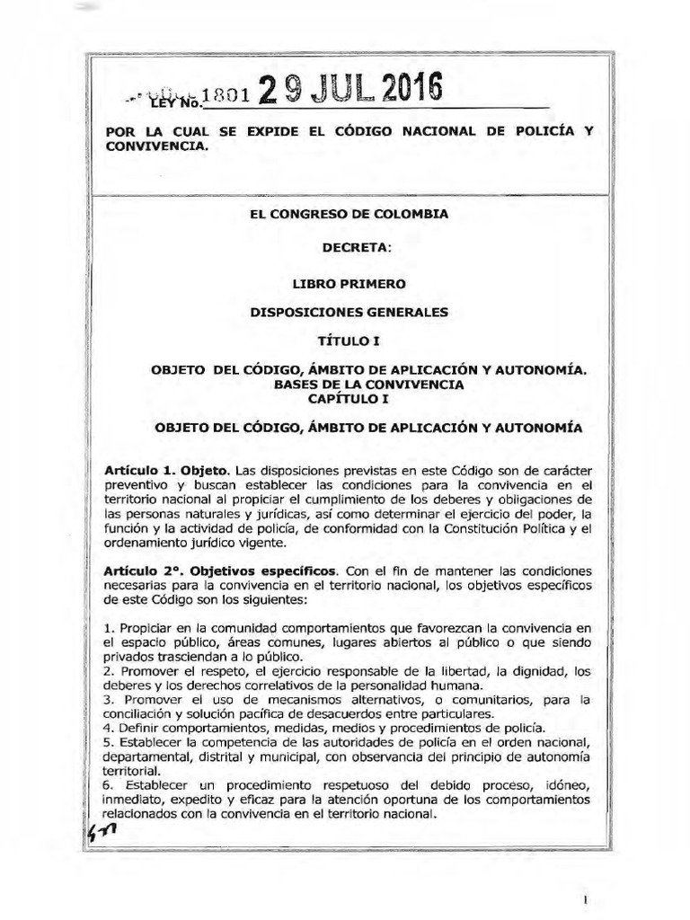 Ley 1801 Codigo Nacional Policia Convivencia Pdf Descargar Gratis Pdf