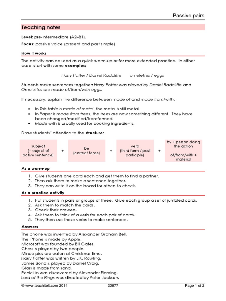 Teaching Notes: Level: Pre-Intermediate (A2-B1) - Focus: Passive Voice ...