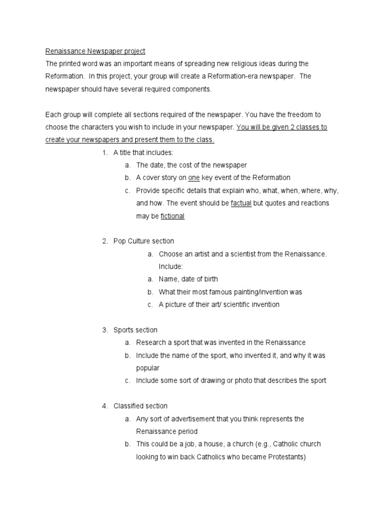 Renaissance Newspaper Project Guide | PDF | Newspapers | Renaissance
