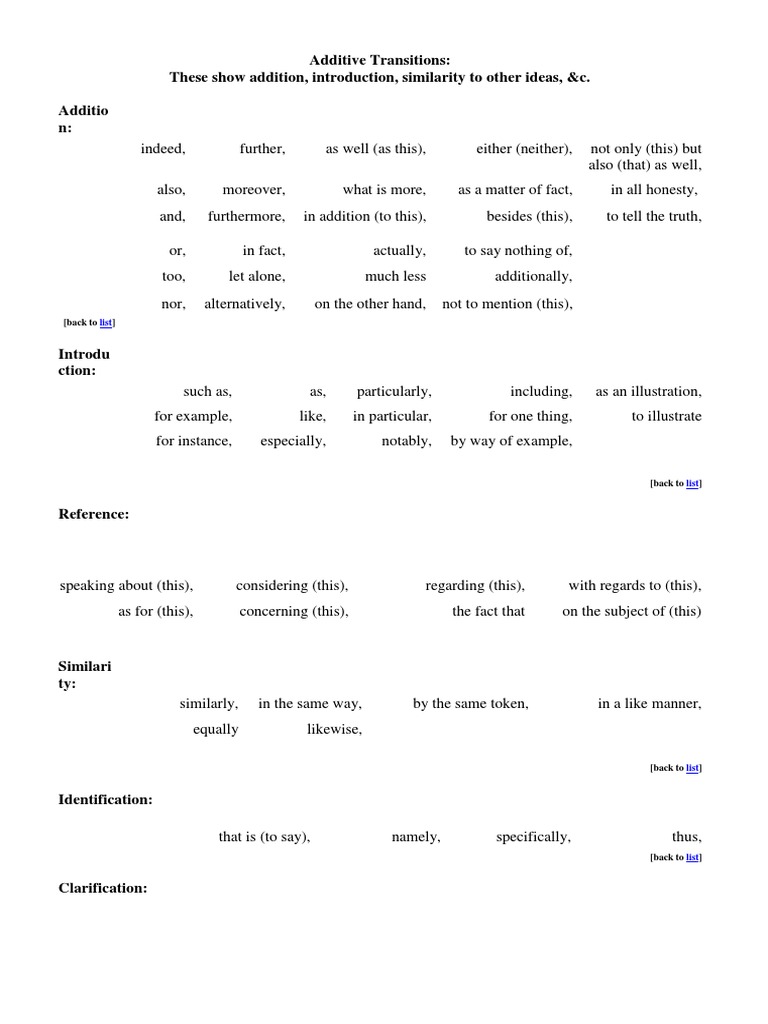 Additive Transitions: These Show Addition, Introduction, Similarity To ...