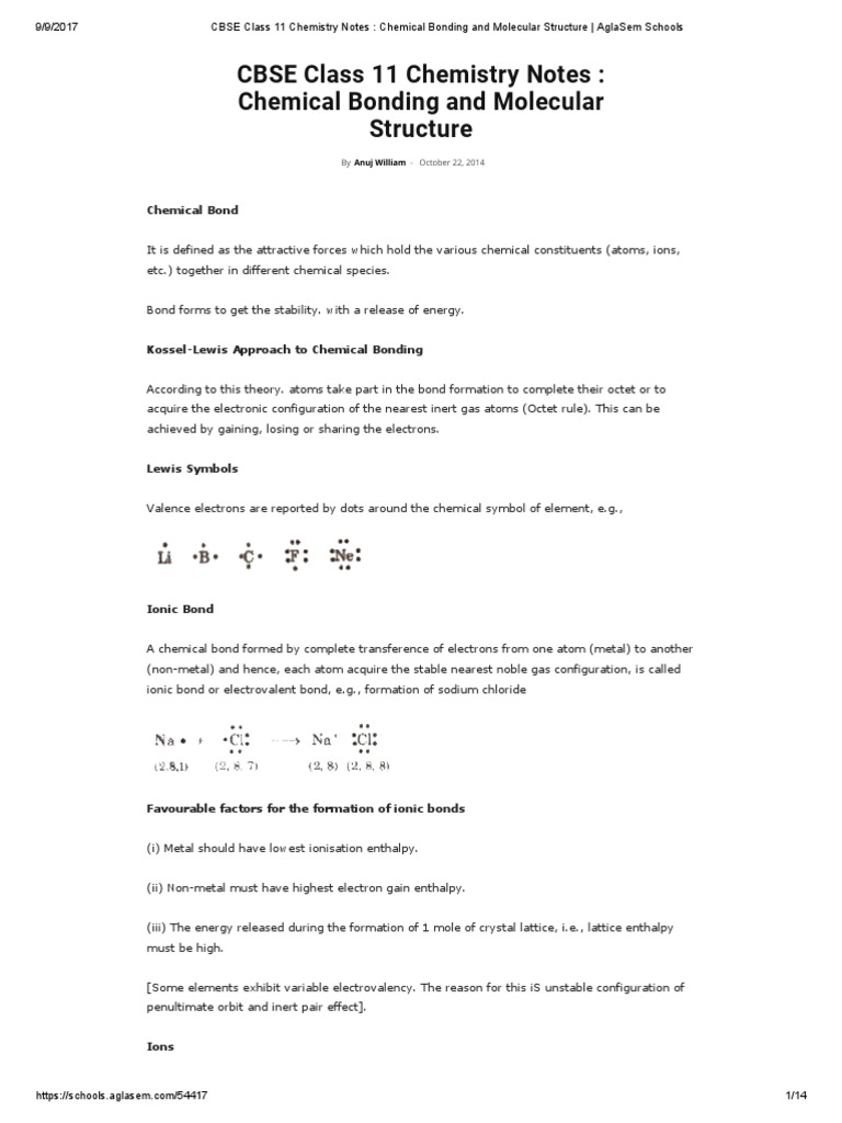 Class 11 Chemistry: Chemical Bonding Notes | PDF | Covalent Bond ...