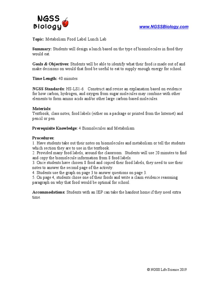 Metabolism Food Label Lab | PDF | Carbohydrates | Calorie