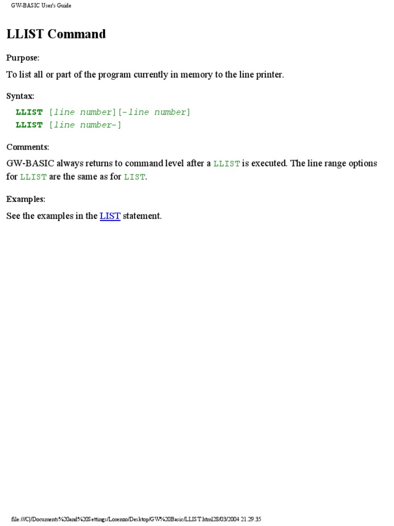 Llist Command To List All Or Part Of The Program Currently In Memory To The Line Printer Pdf