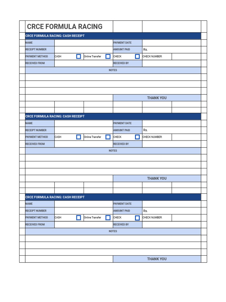 CRCE Formula Racing Cash Receipt Template | PDF