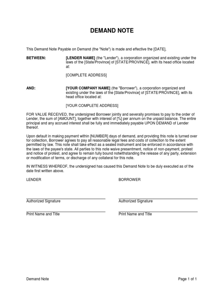 Demand Note: Between: (LENDER NAME) (The "Lender"), A Corporation ...