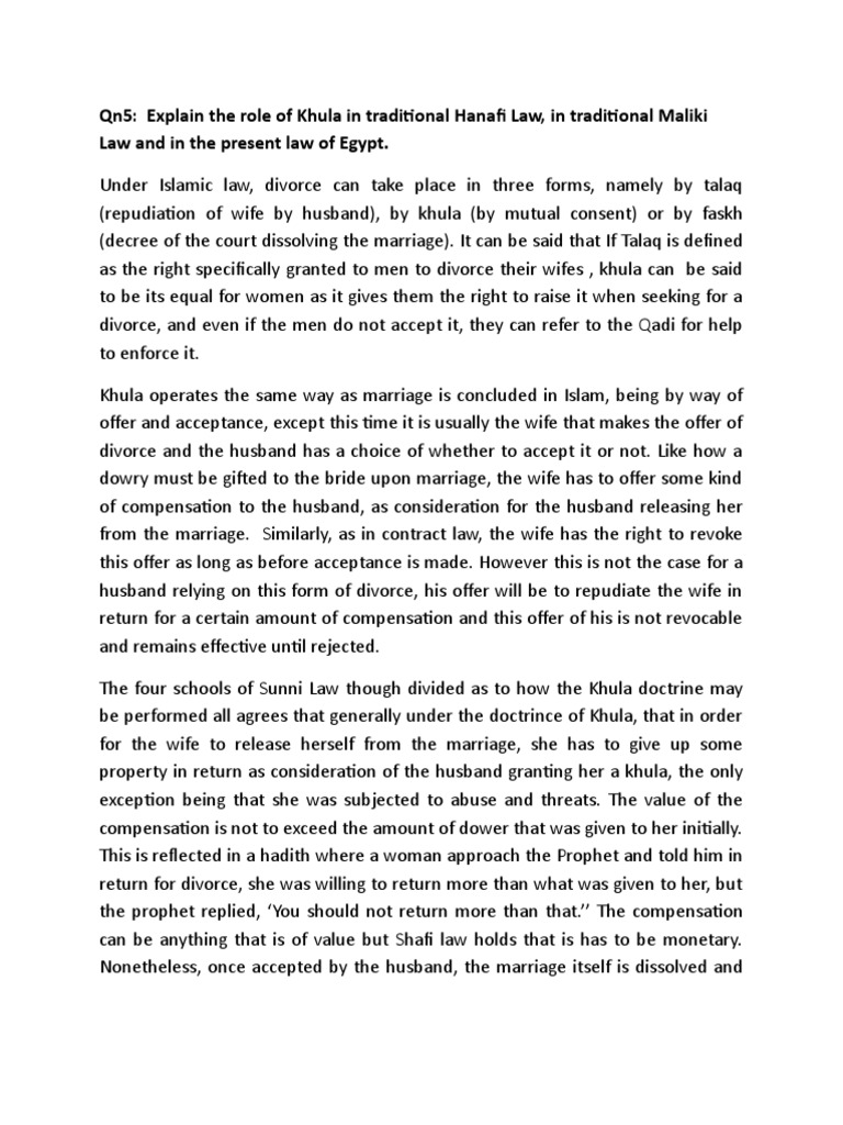 Qn5 Explain The Role of Khula in Traditi | PDF | Wife | Marriage