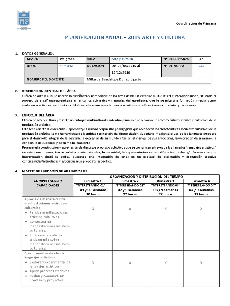 FORMATO OK 001 PLANIFICACION ANUAL 2019 4TO PRIMARIA - ARTE Y CULTURA ...