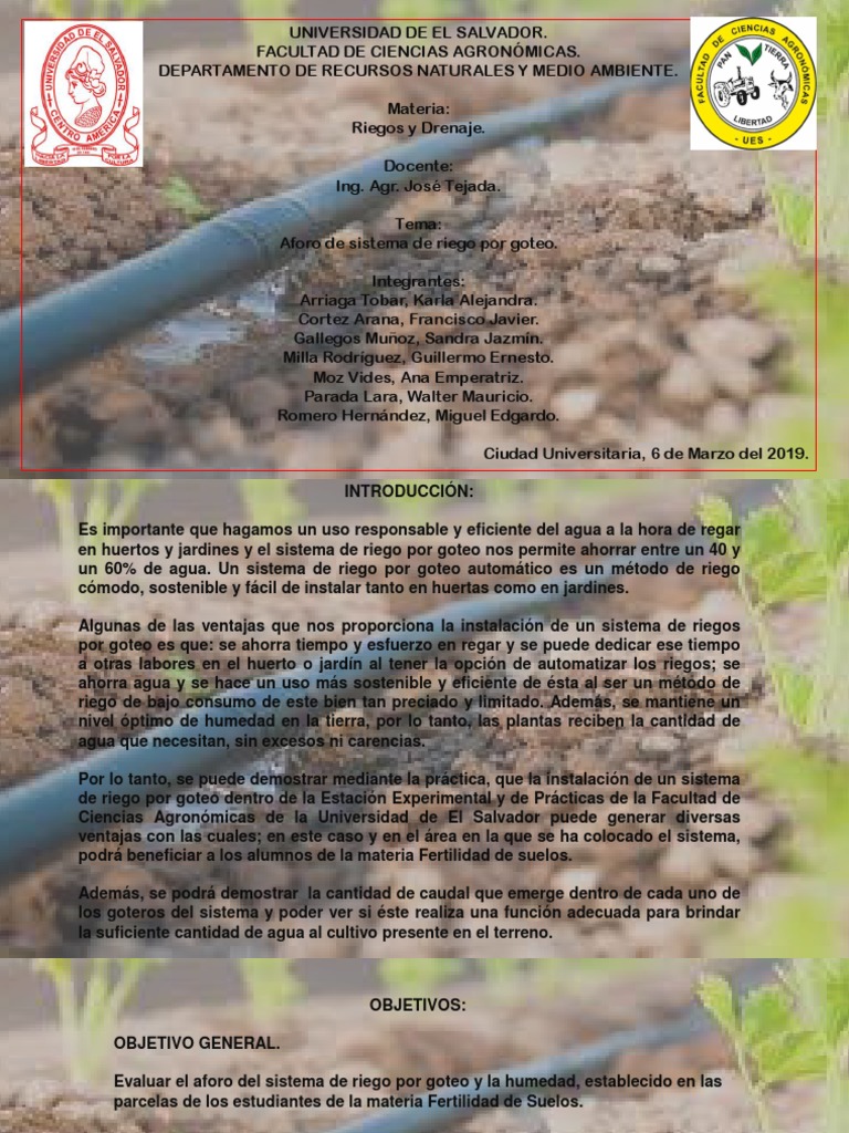 Riego Por Goteo, Practica de Aforo Ale | PDF | Riego | Agua