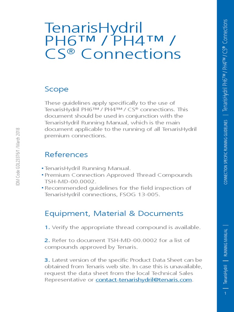 TenarisHydril PH6 PH4 CS Running Guidelines | PDF | Pipe (Fluid Conveyance) | Elevator