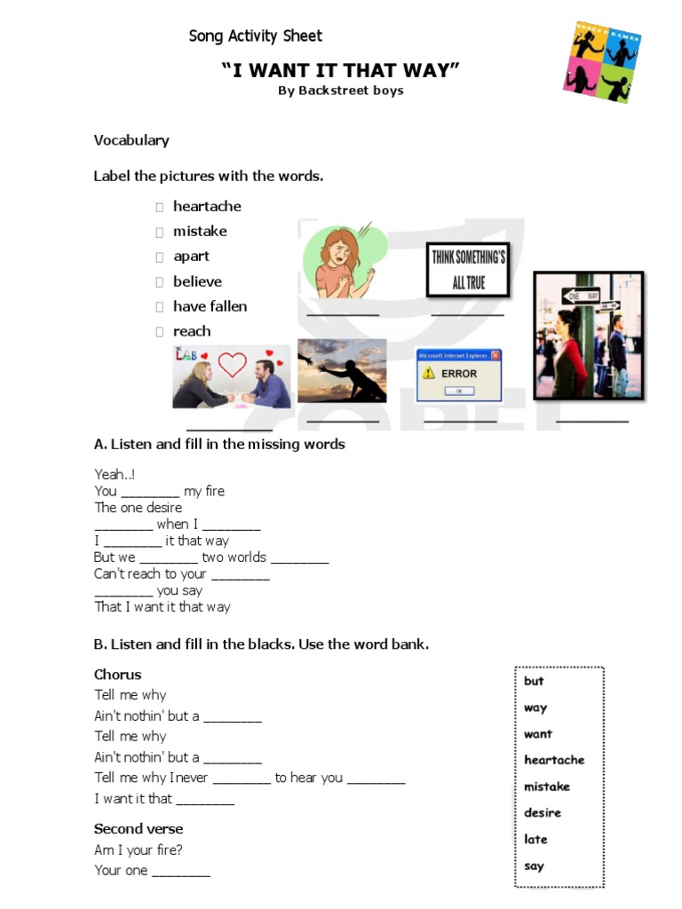 "I Want It That Way": Song Activity Sheet | PDF