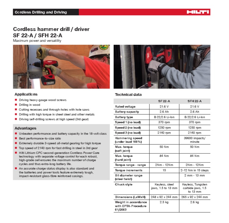 Hilti SFH 22 A Specification Sheet | PDF | Drilling | Drill