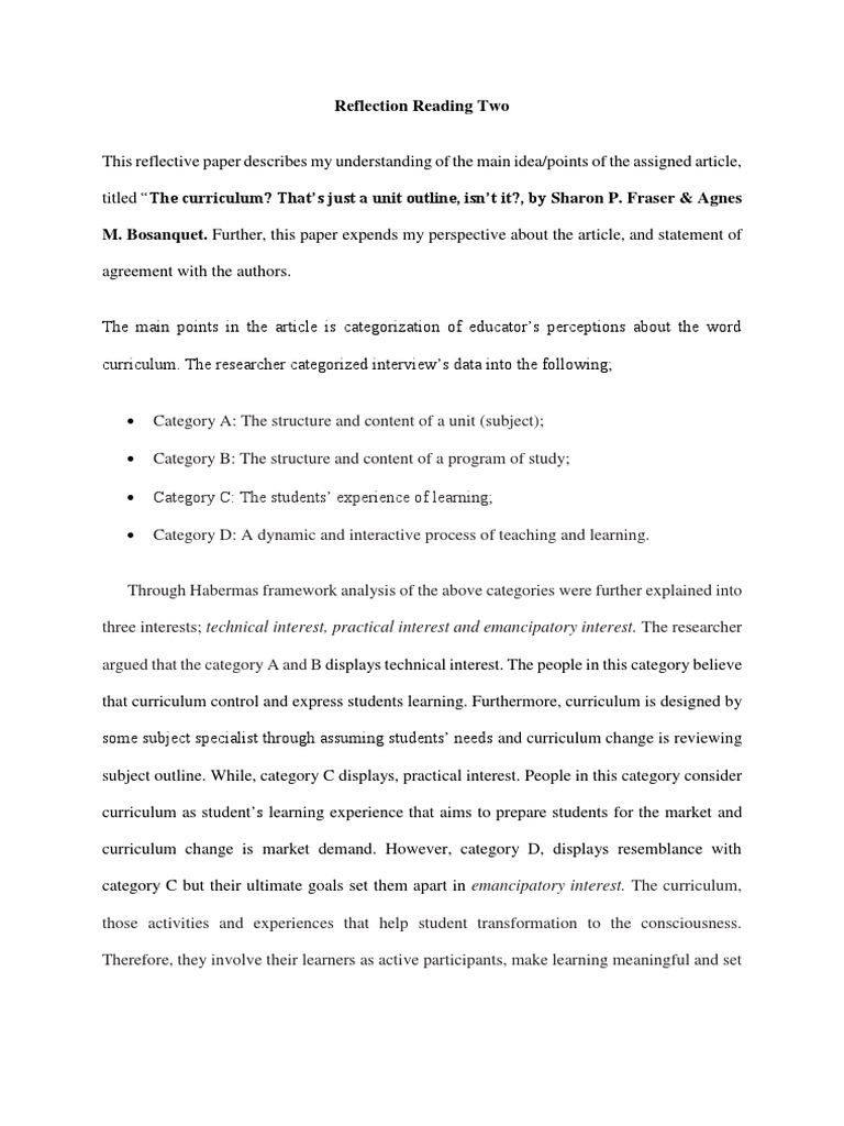 Reflection Reading Two: Emancipatory Interest. The Curriculum | PDF ...