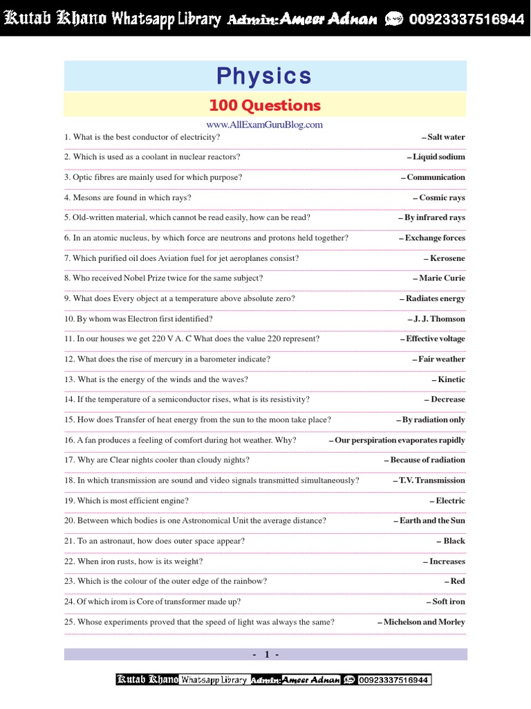100 Physics Questions | PDF | Radiation | Liquids
