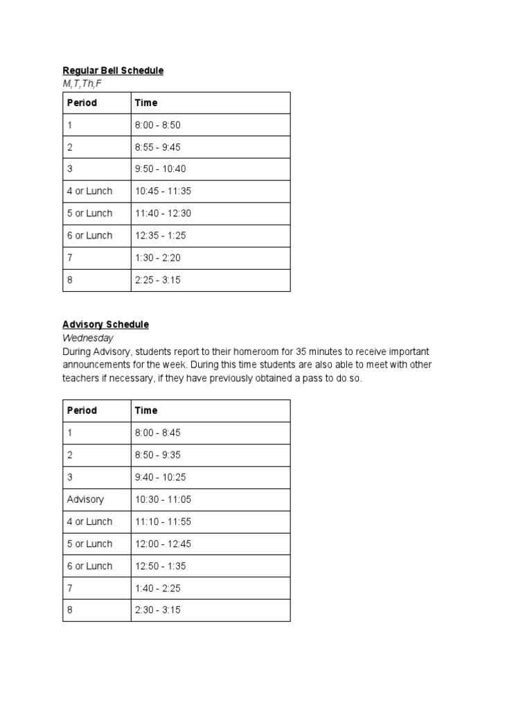 M, T, TH, F: Regular Bell Schedule | PDF | Schools | Educational ...