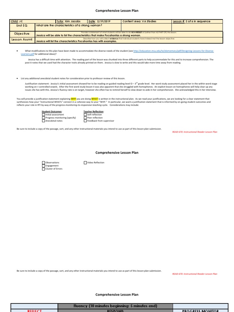 Jessicalessonplan6 4 | PDF | Reading (Process) | Lesson Plan