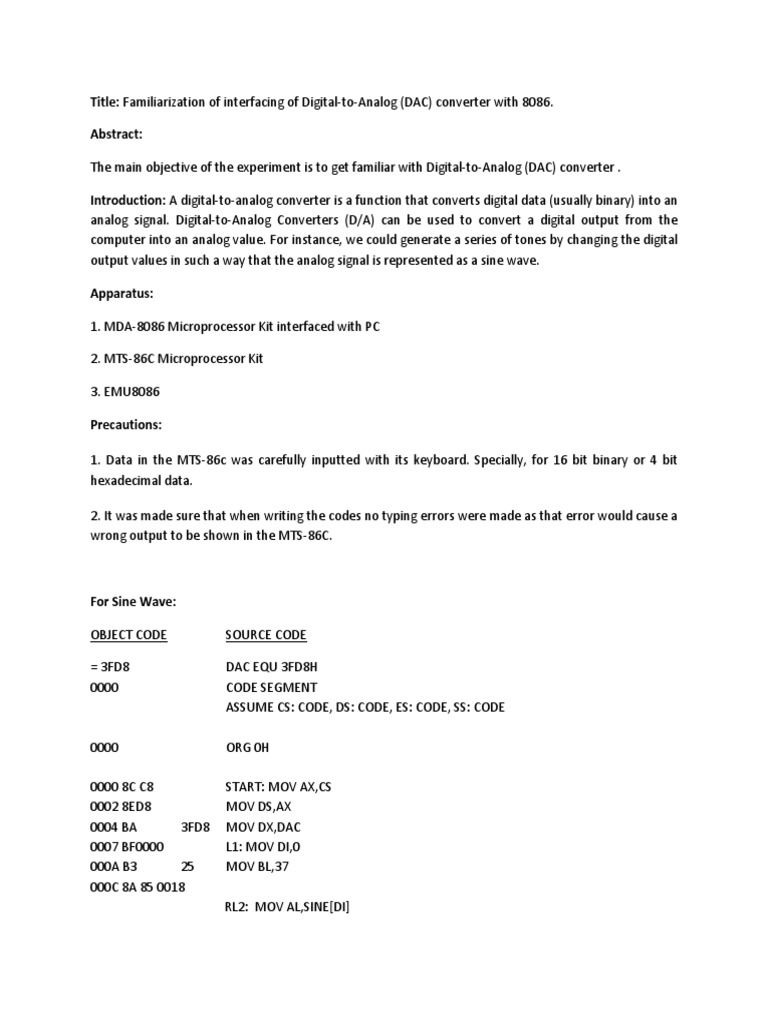 DAC Interfacing with 8086 Experiment | PDF | Digital To Analog Converter | Information And ...