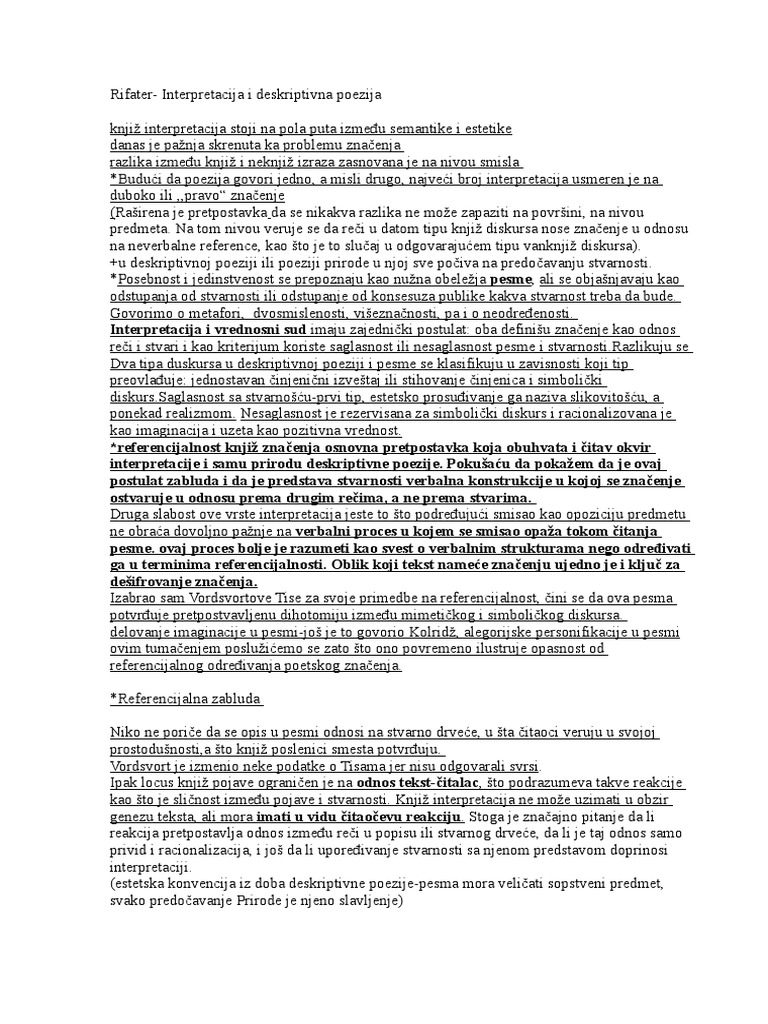 Rifater-Interpretacija I Deskriptivna Poezija | PDF