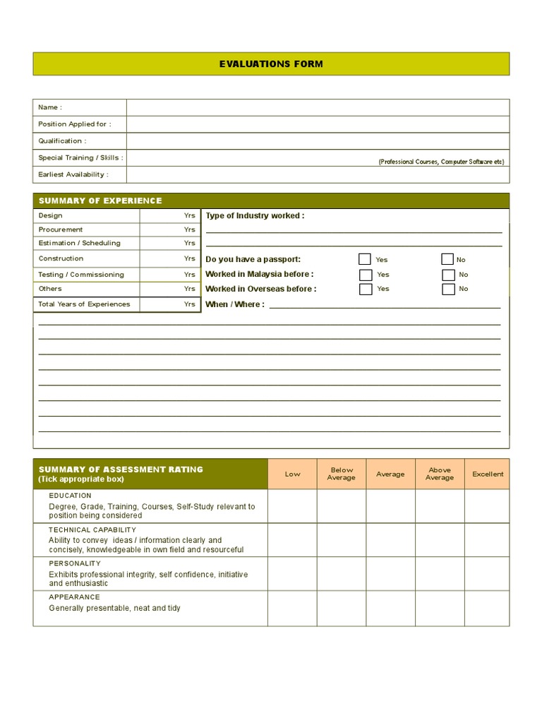 Evaluations Form: Summary of Experience | PDF | Behavior Modification ...