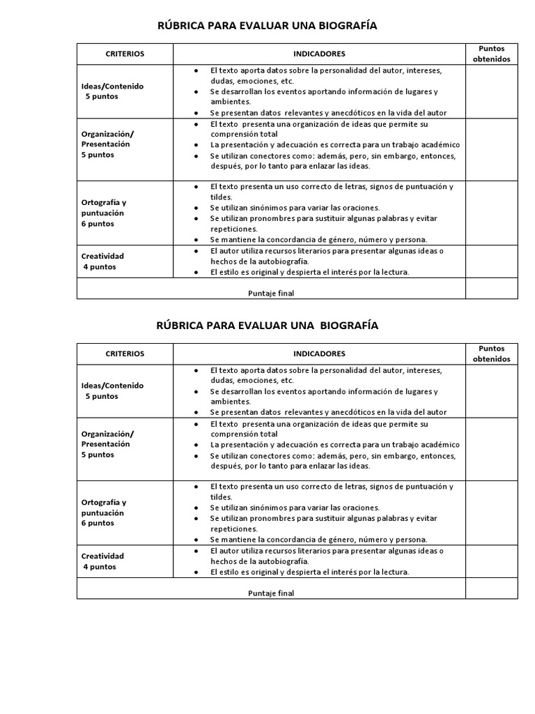 Rúbrica para Evaluar Biografías | PDF | Puntuación | Autobiografías