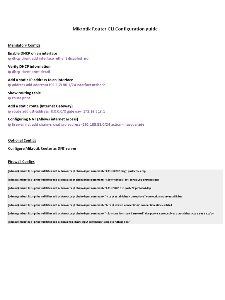 Mikrotik Router CLI Configuration Guide | PDF
