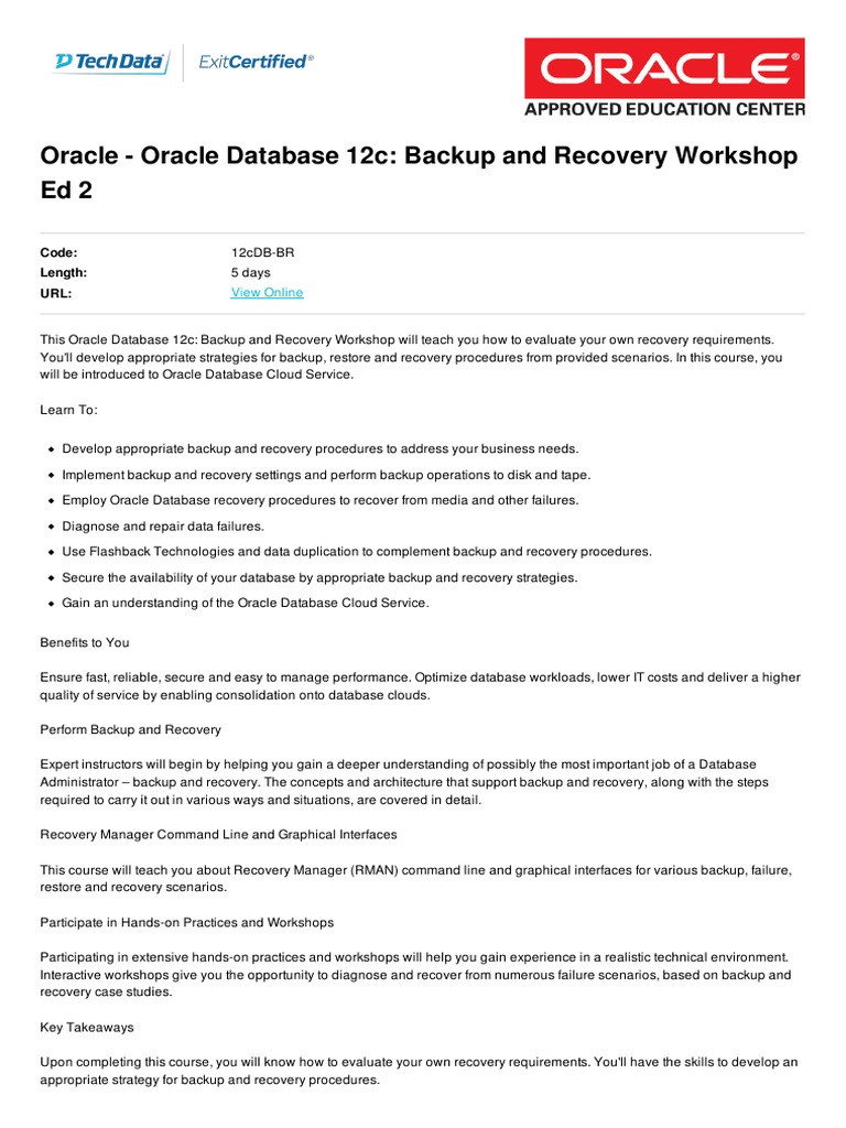 Oracle Database 12c Backup and Recovery Workshop Ed 2 | PDF | Backup | Oracle Database